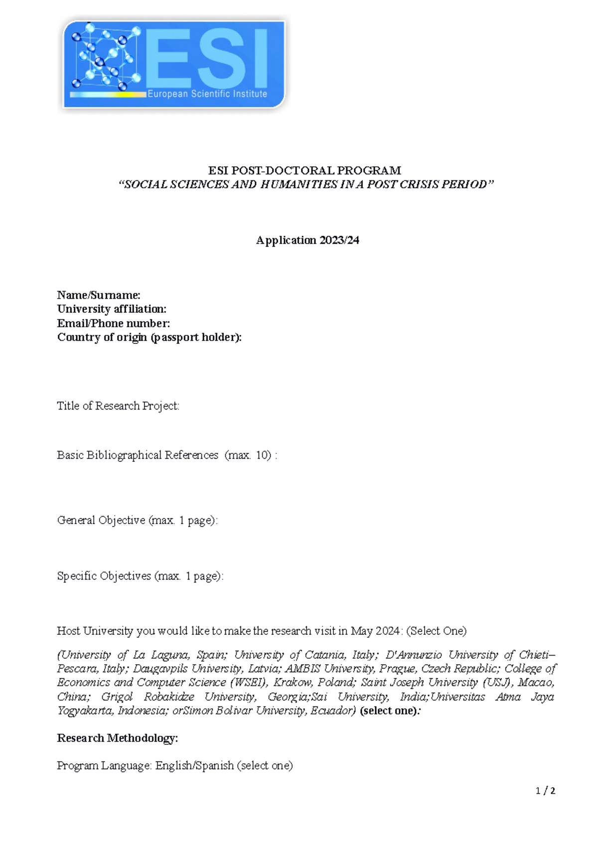 Application-form-2023-SSH - ESI POST-DOCTORAL PROGRAM “SOCIAL SCIENCES AND HUMANITIES IN A POST ...