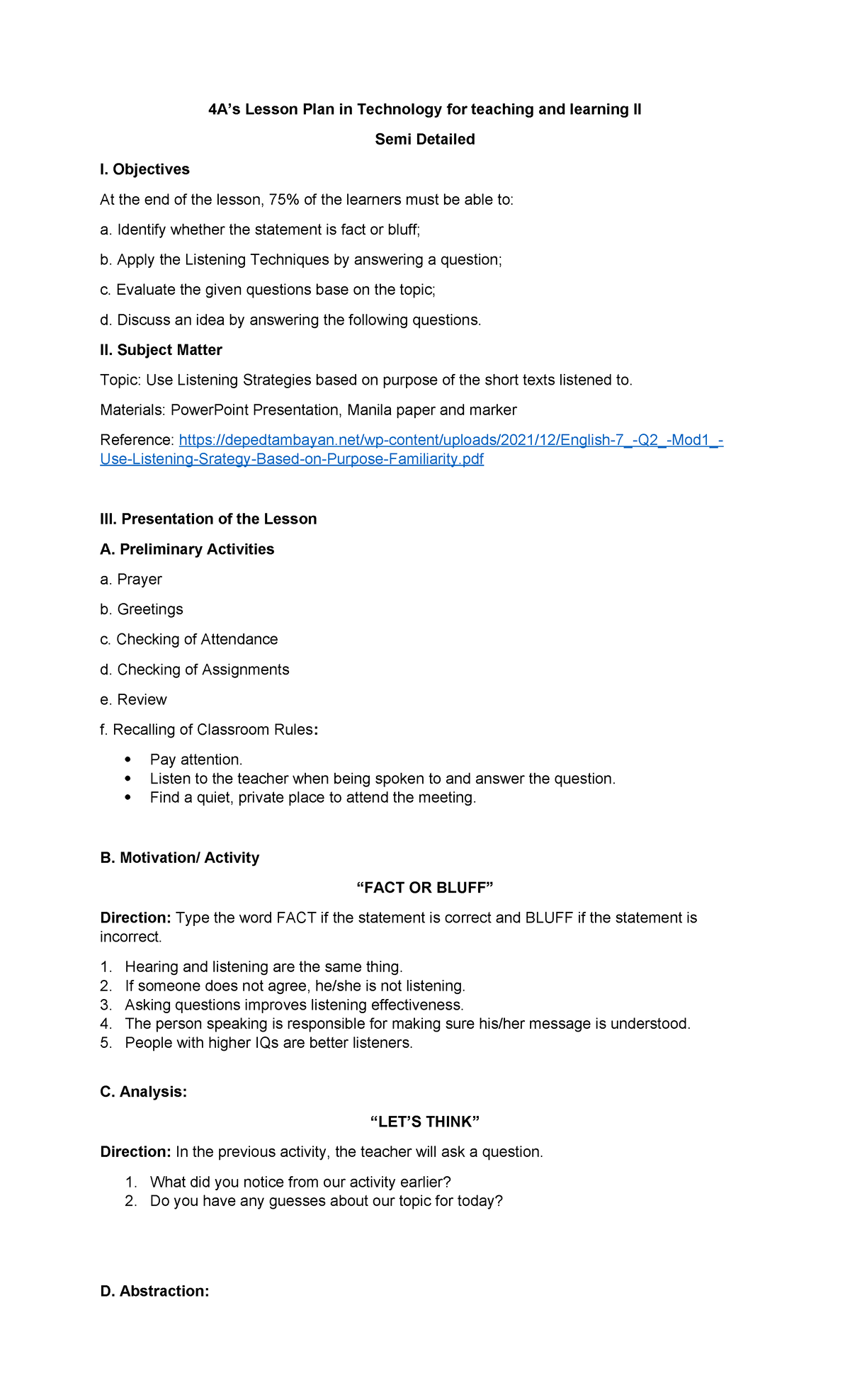 Lesson plan listening - 4A’s Lesson Plan in Technology for teaching and ...