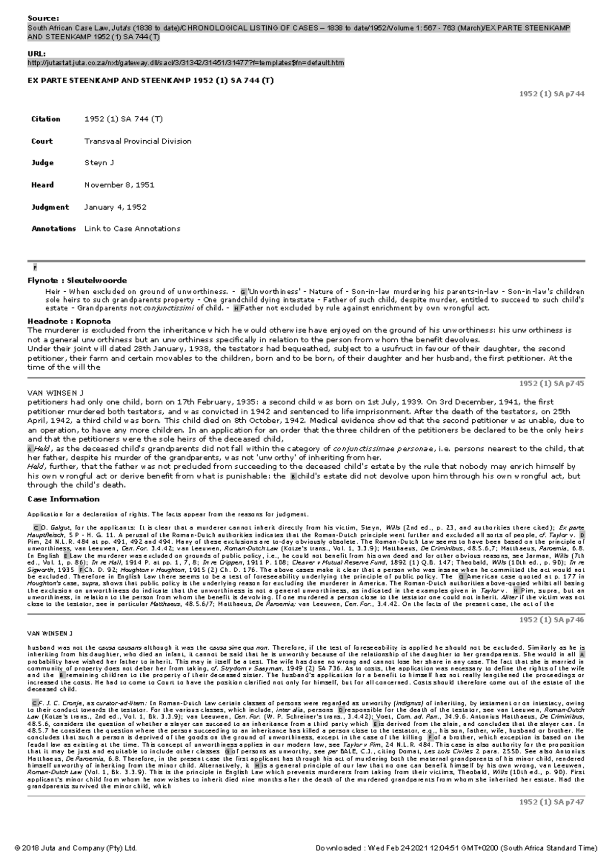 EX Parte Steenkamp AND Steenkamp 1952 (1) SA 744 (T) - Source: - Studocu
