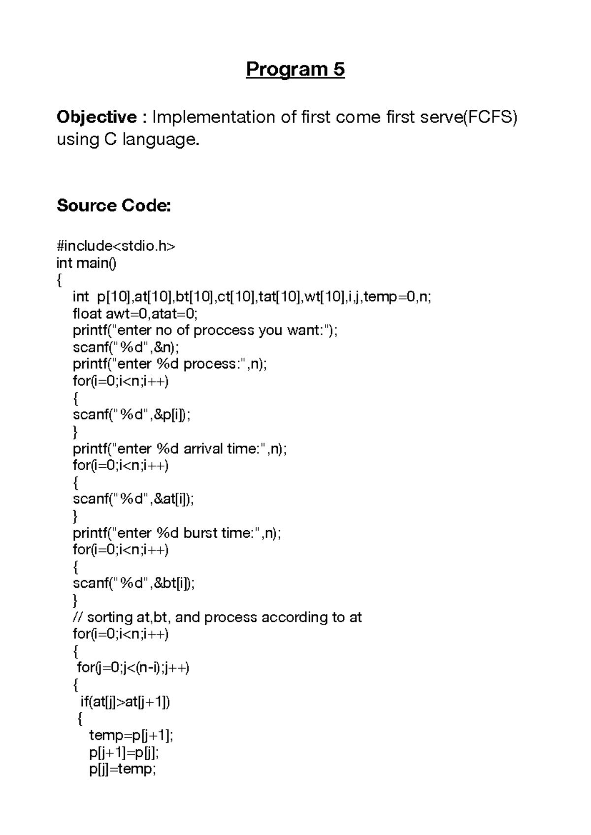 Os labwork - Os lab work - Program 5 Objective : Implementation of first come first serve(FCFS ...