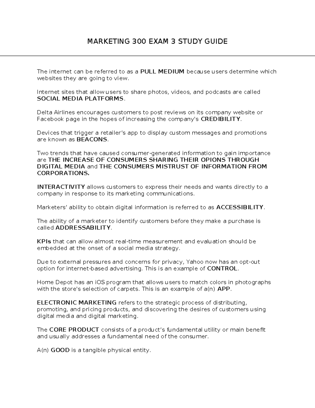 Marketing study guide test 3 - MARKETING 300 EXAM 3 STUDY GUIDE The ...