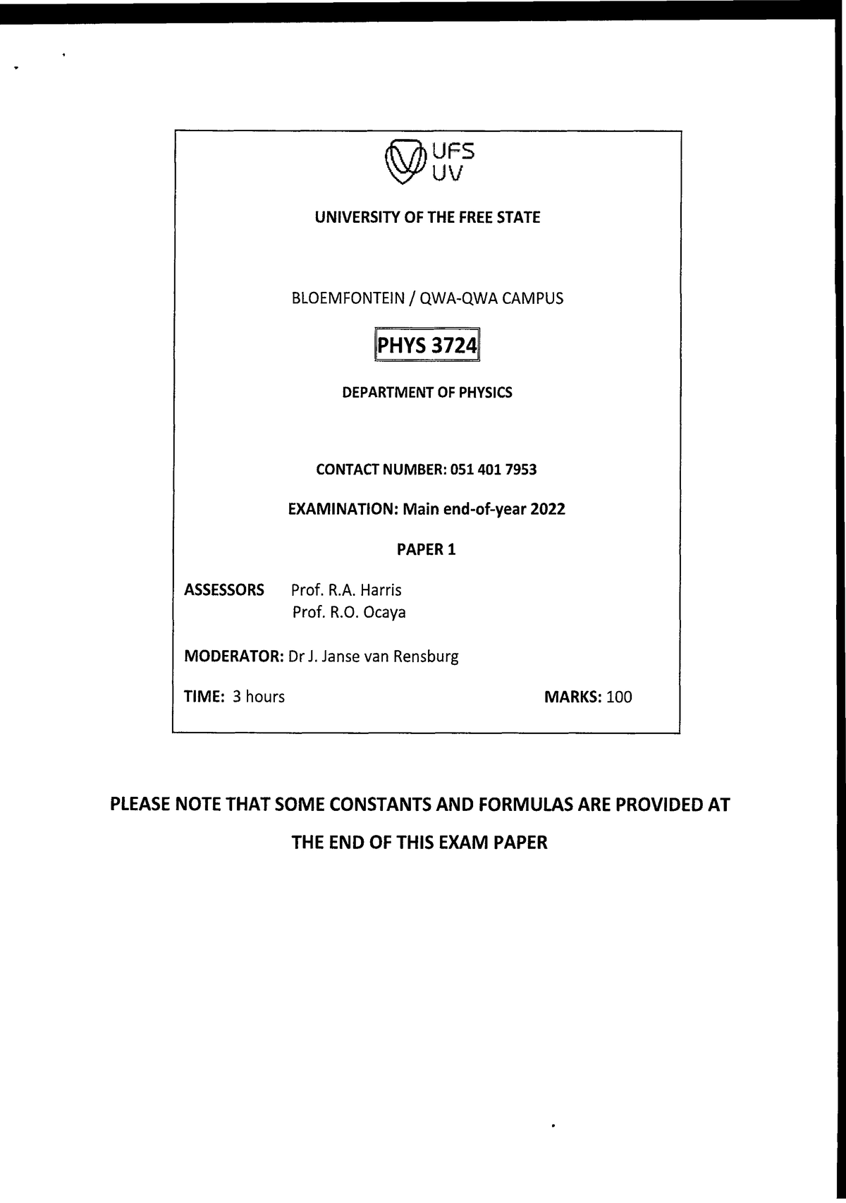 Main 2022 - Exam paper - UFS UV UNIVERSITY OF THE FREE STATE ...