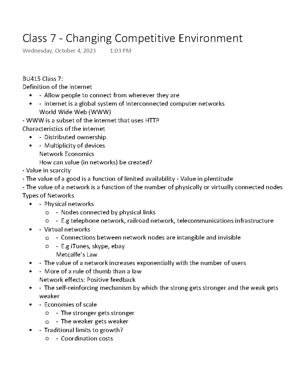 Class 7 - Changing Competitive Environment - BU415 Class 7: Definition ...