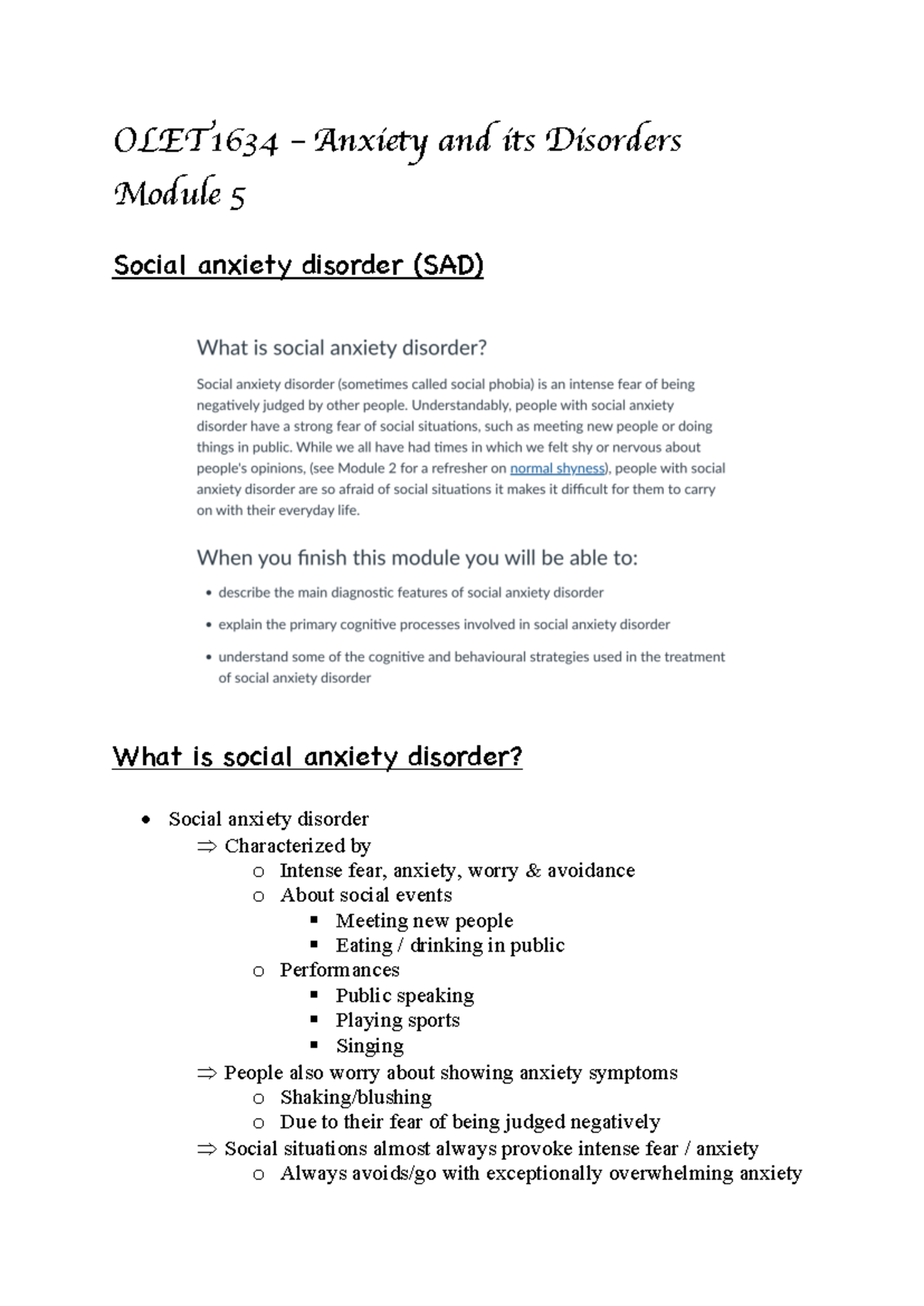 OLET1634 Module 5 Notes - OLET1634 – Anxiety and its Disorders Module 5 ...