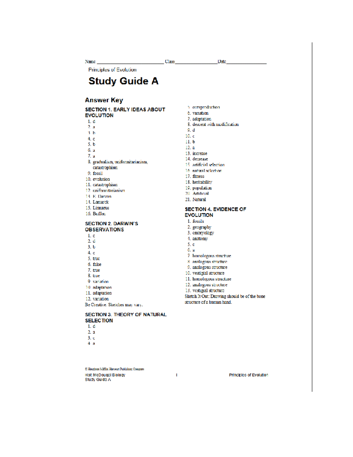 Study Guide Unit 2 Chapter 10 - Name Class Date Principles of Evolution ...