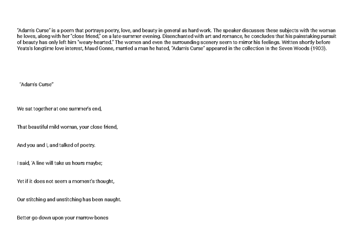 "Adam's Curse" poem - "Adam's Curse" is a poem that portrays poetry ...