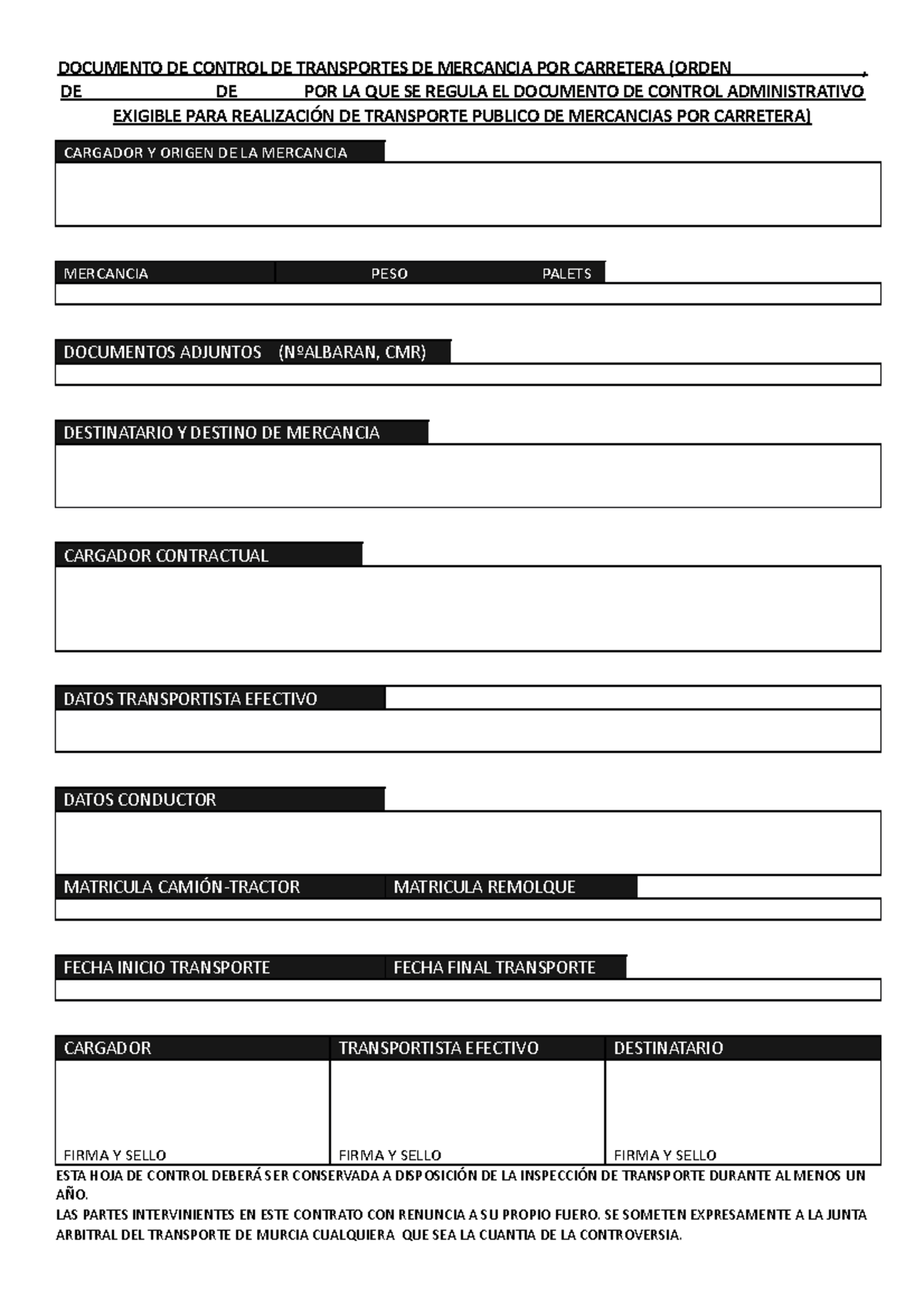 CMR Alfonso - PLANTILLA DE UN CMR DE TRANSPORTE - DOCUMENTO DE CONTROL ...