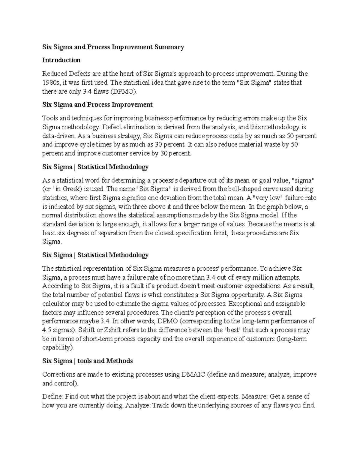 Six Sigma and Process Improvement Summary - Six Sigma and Process ...