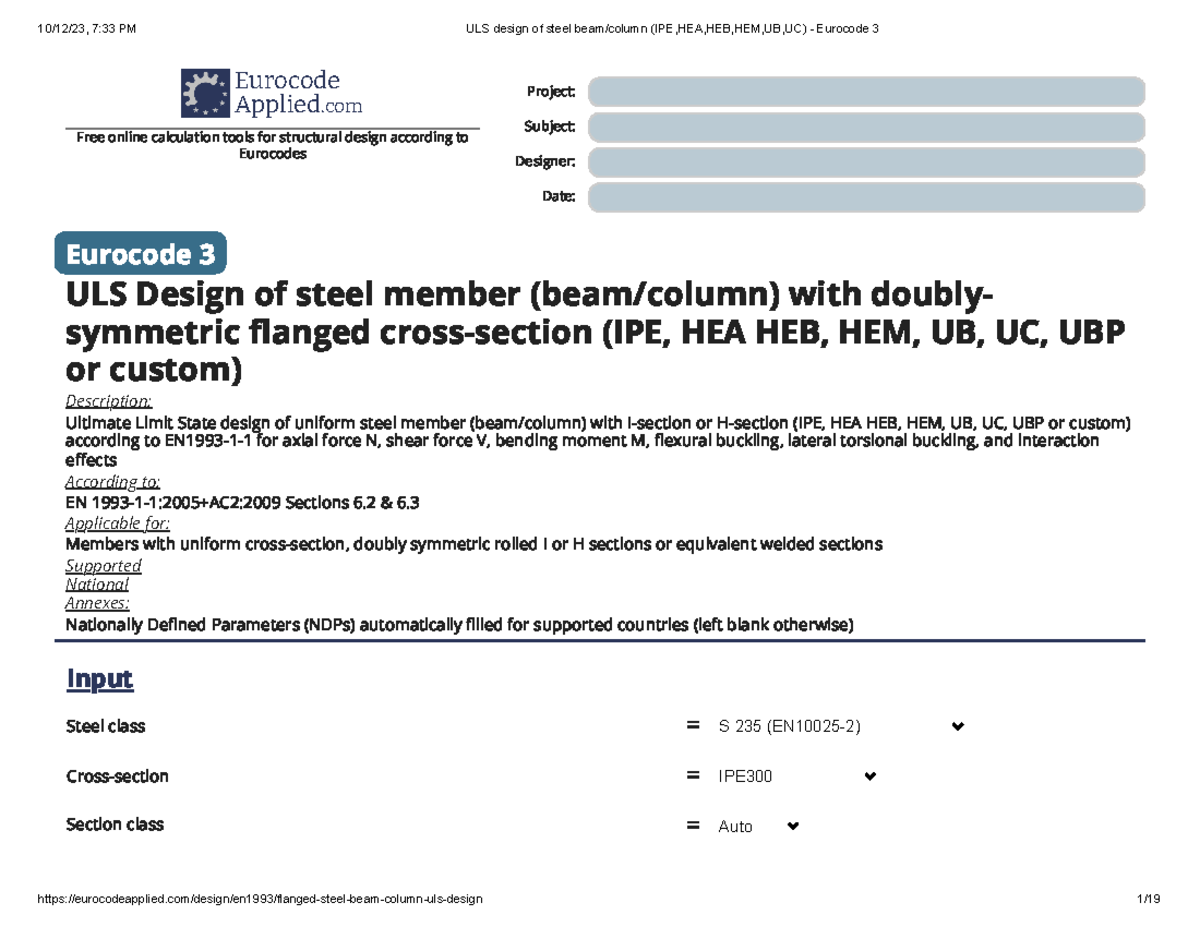Seminar nr.1.3. Sample fact sheet for ULS design of steel beam column ...