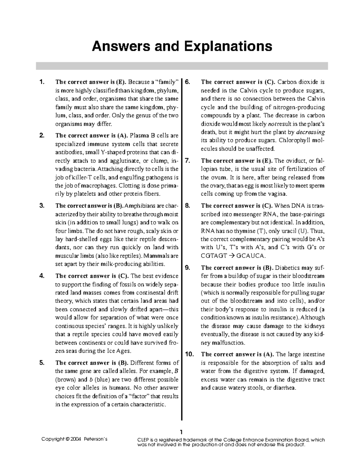 CLEP biology Ans - test for practice - CLEP is a registered trademark ...