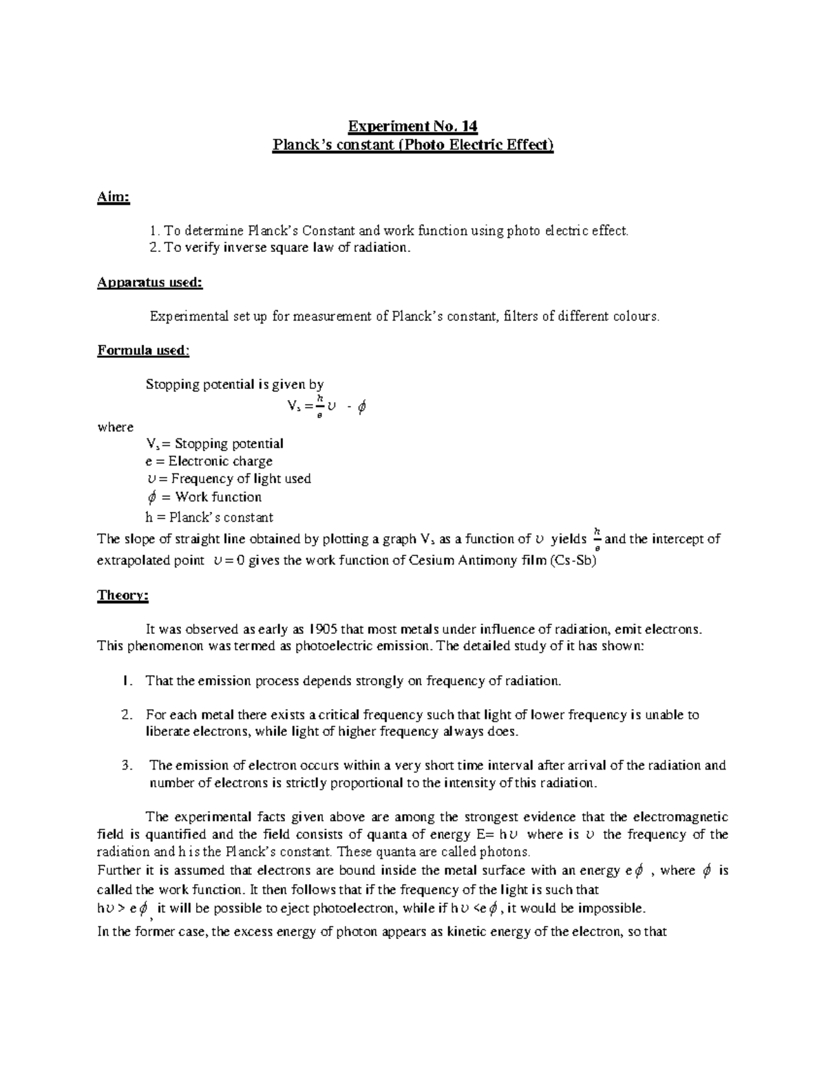 plaancks constant - Experiment No. 14 Planck’s constant (Photo Electric ...