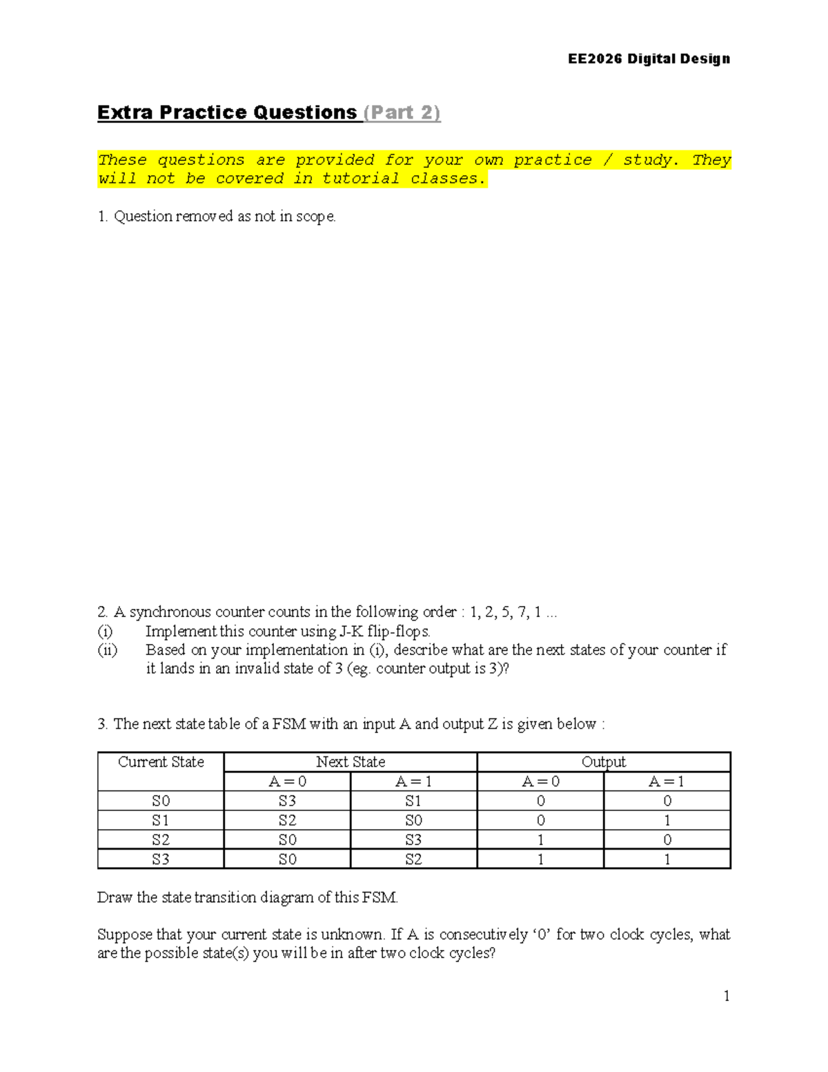 EE2026 Extra+Practice+Questions 24 - Extra Practice Questions (Part 2) These questions are ...