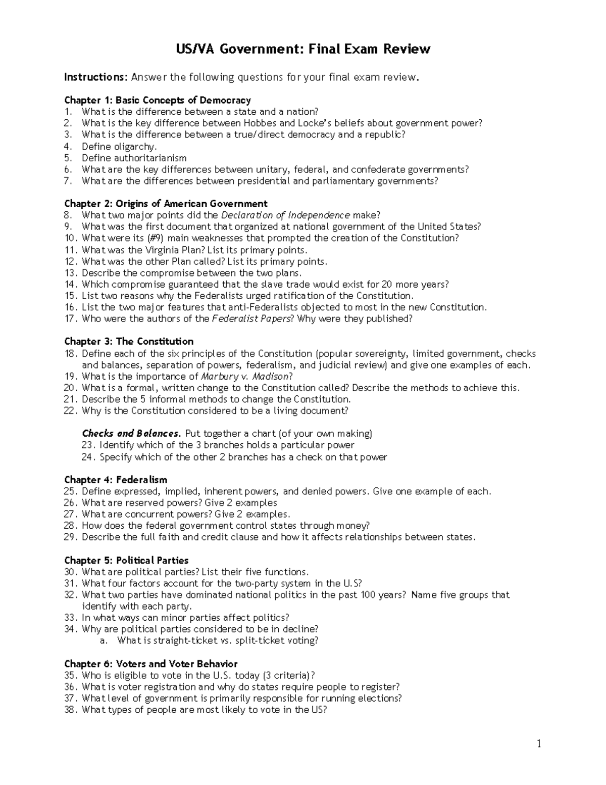 Final Exam Review Questions 2024 - US/VA Government: Final Exam Review ...