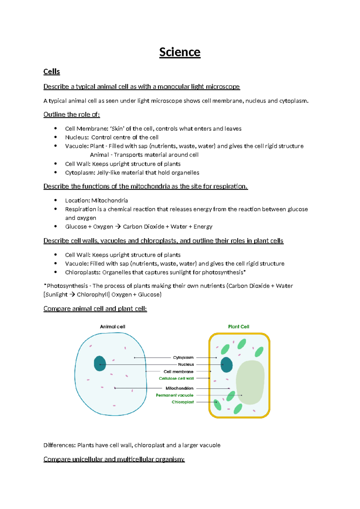 Science Notes - Cells & Body Systems - Science Cells Describe a typical ...