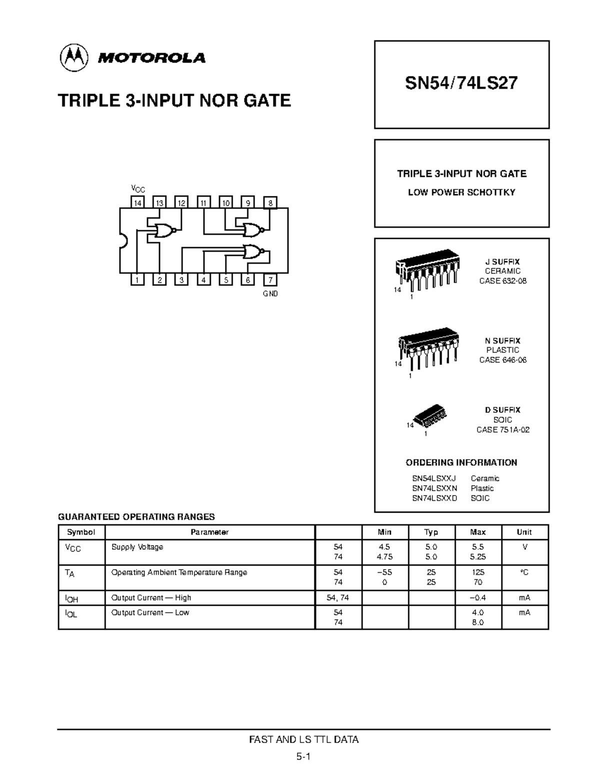 74LS27 3x NOR3 - s uj563j - 5- FAST AND LS TTL DATA TRIPLE 3-INPUT NOR ...