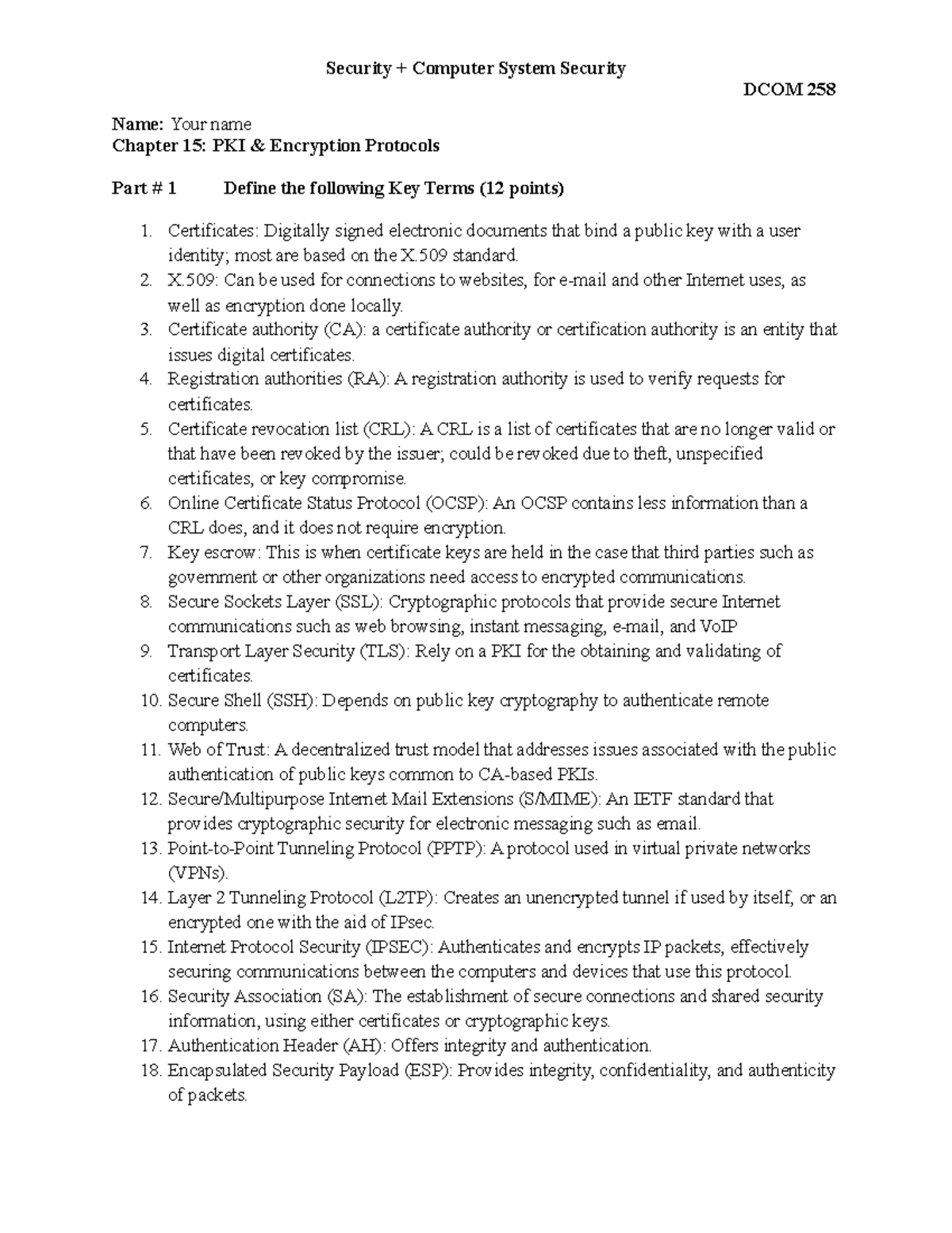 Dcom 258 Lab 15 Pki And Encryption Protocols Security Computer System Security Dcom 258 Name