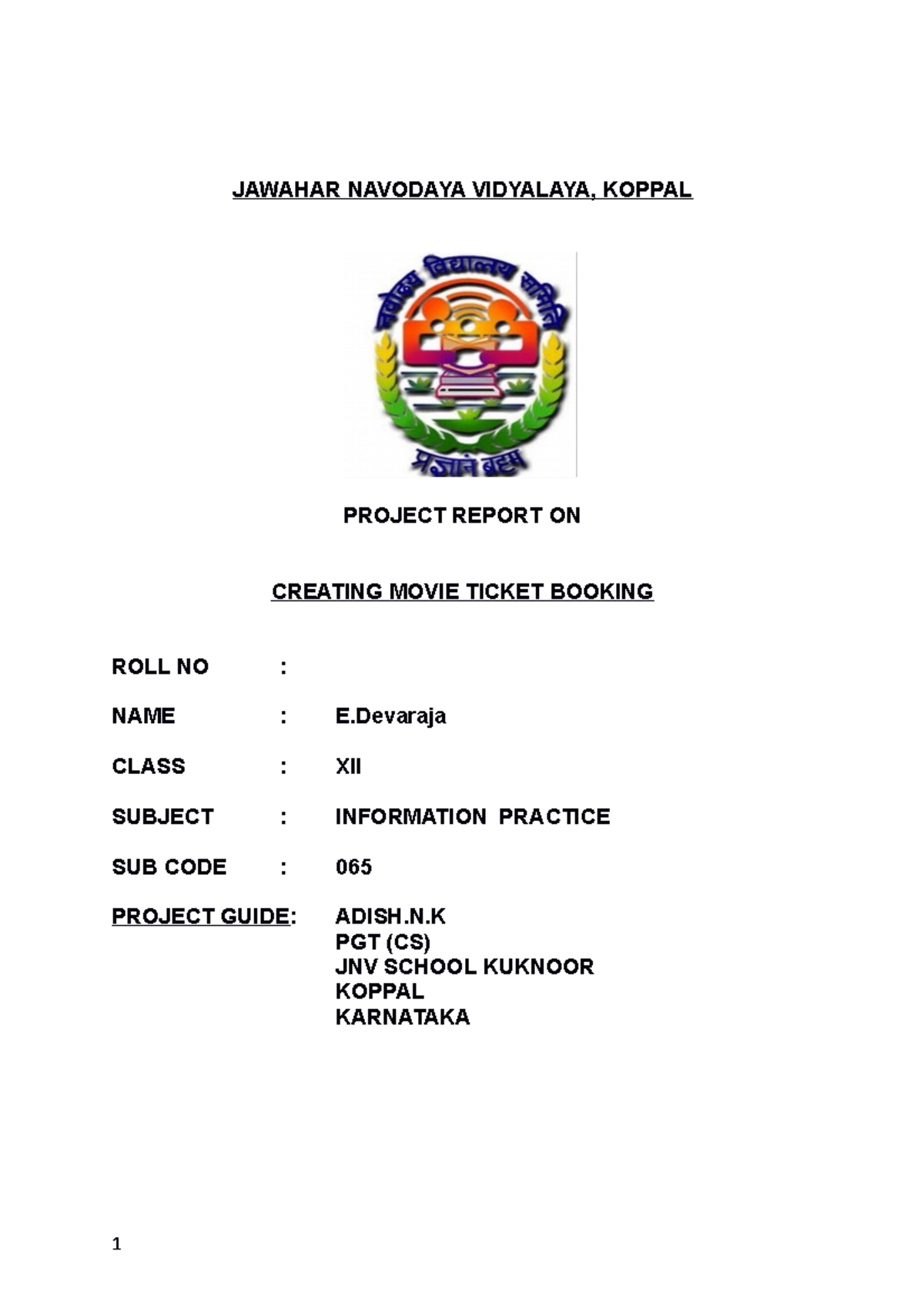 DEVU FF f - xyz - JAWAHAR NAVODAYA VIDYALAYA, KOPPAL PROJECT REPORT ON ...