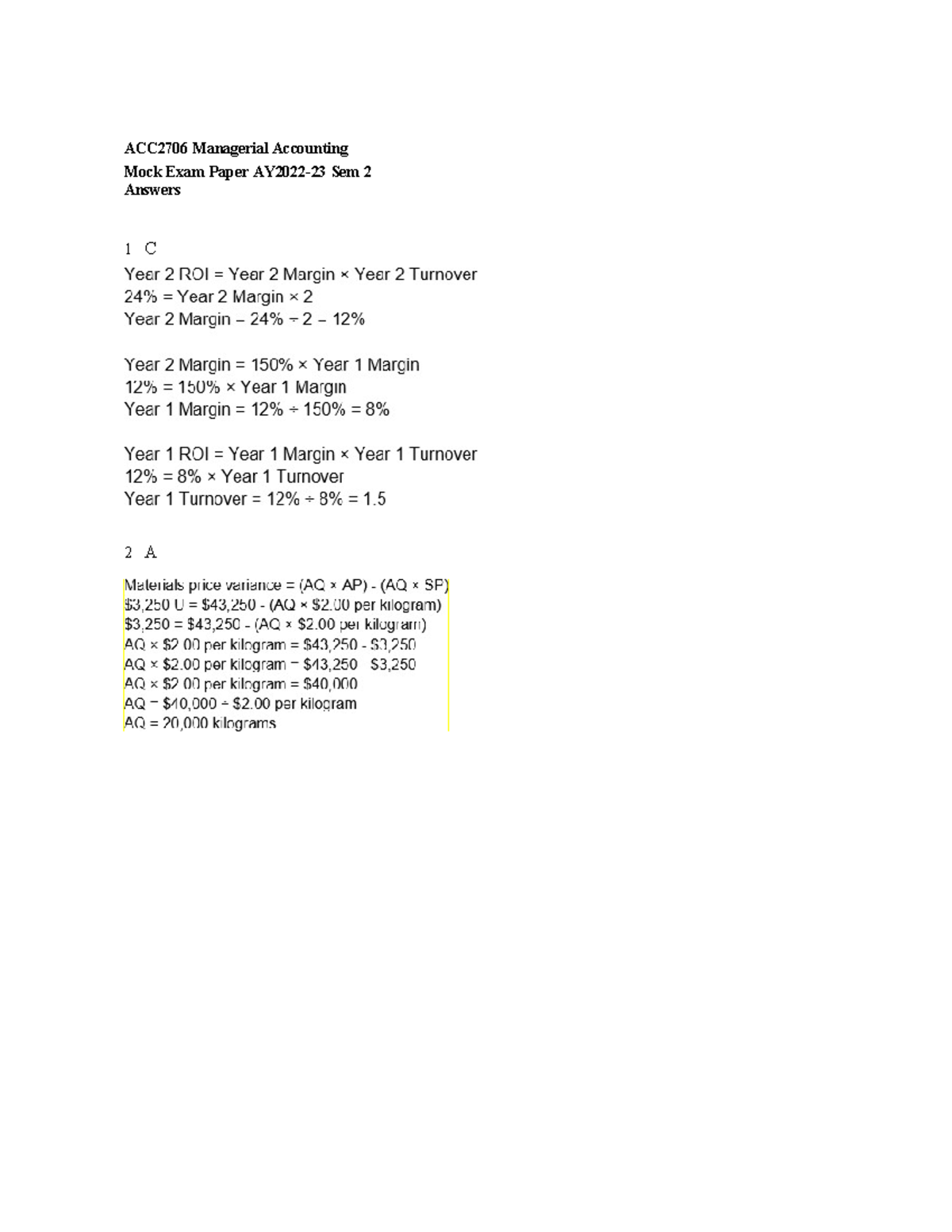 Mock Exam Answers - AY2022-23 Sem 2 - ACC2706 Managerial Accounting Mock Exam Paper AY2022-23 ...