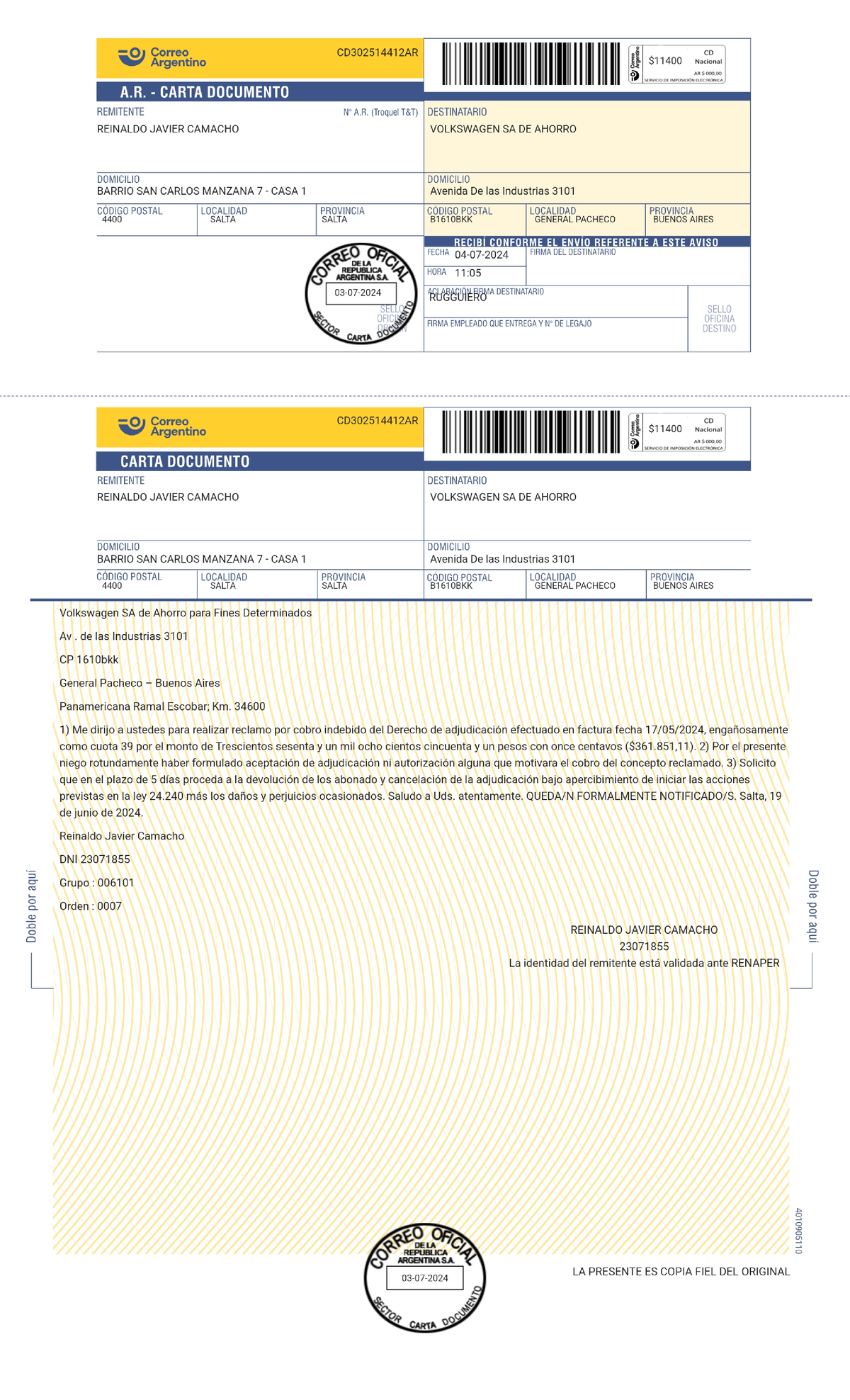 Informática...................... - Correo CD302514412AR CD Argentino Nacional AR SERVICIO D ...