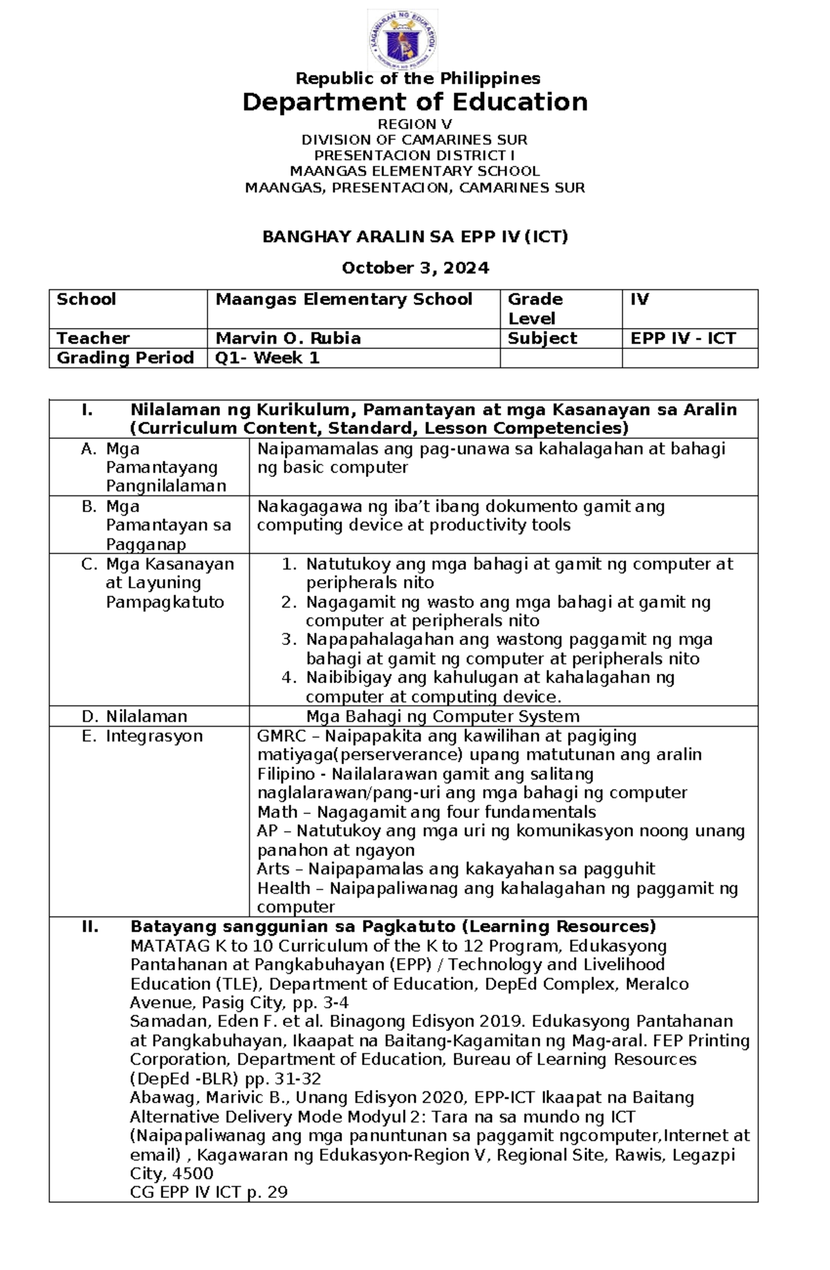 EPP-4 - For school porpuse only - Republic of the Philippines ...