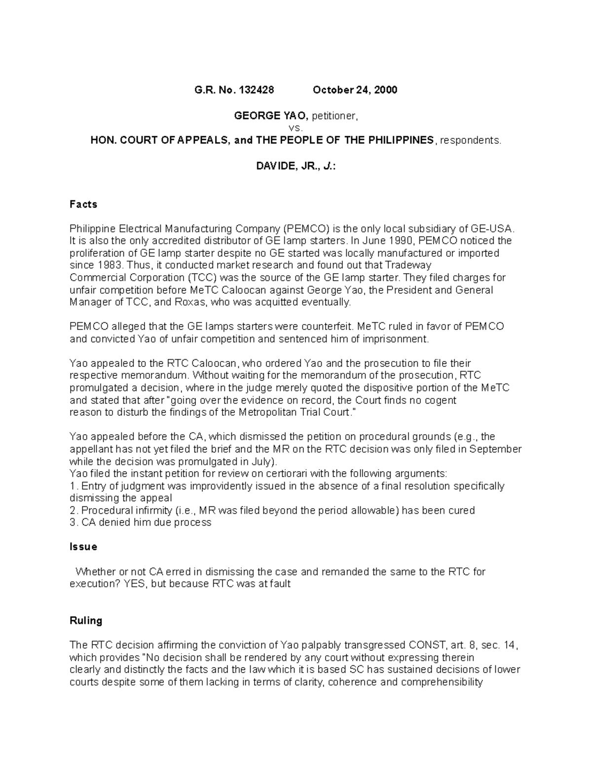 YAO vs HON. Court OF Appeals - G. No. 132428 October 24, 2000 GEORGE ...