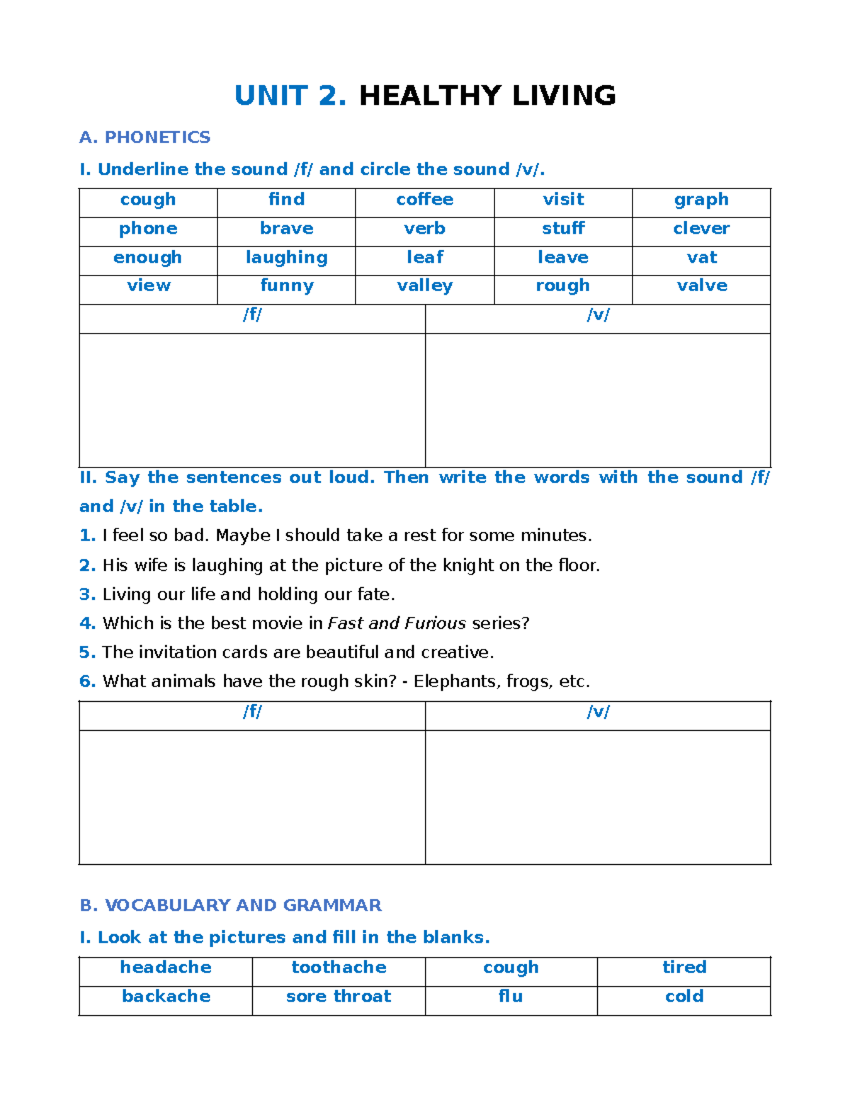 UNIT 2. Healthy Living - ghhhhhh - UNIT 2. HEALTHY LIVING A. PHONETICS ...