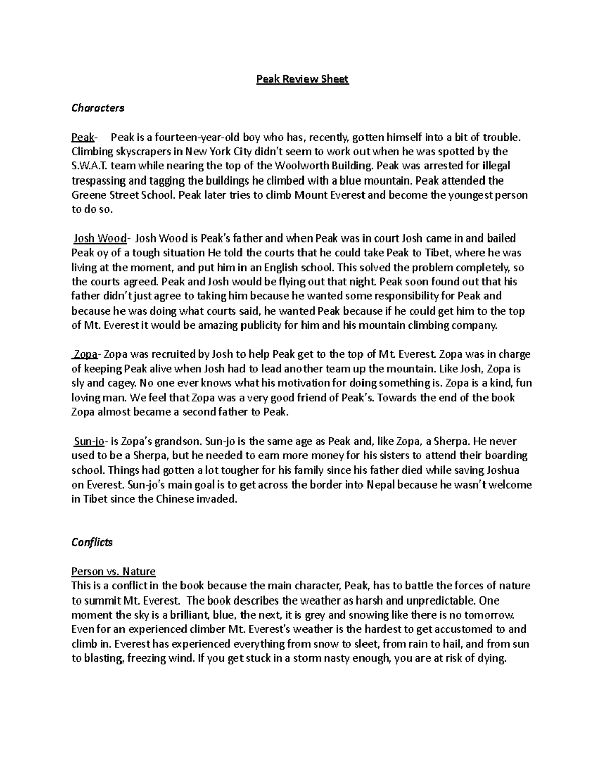 Peak Review Sheet - coursework for book - Peak Review Sheet Characters ...