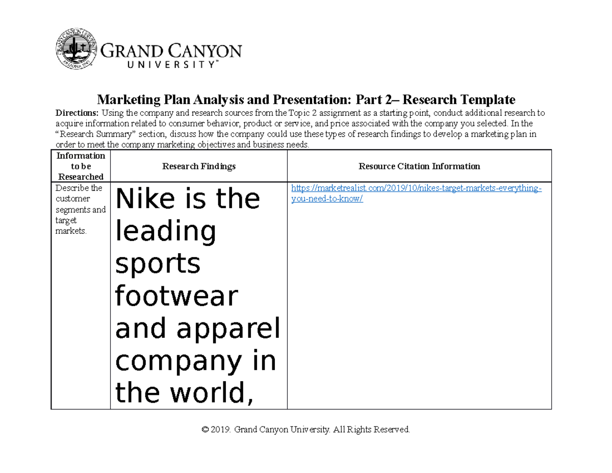 Marketing Plan and Analysis Part 2- Research Template - Directions ...