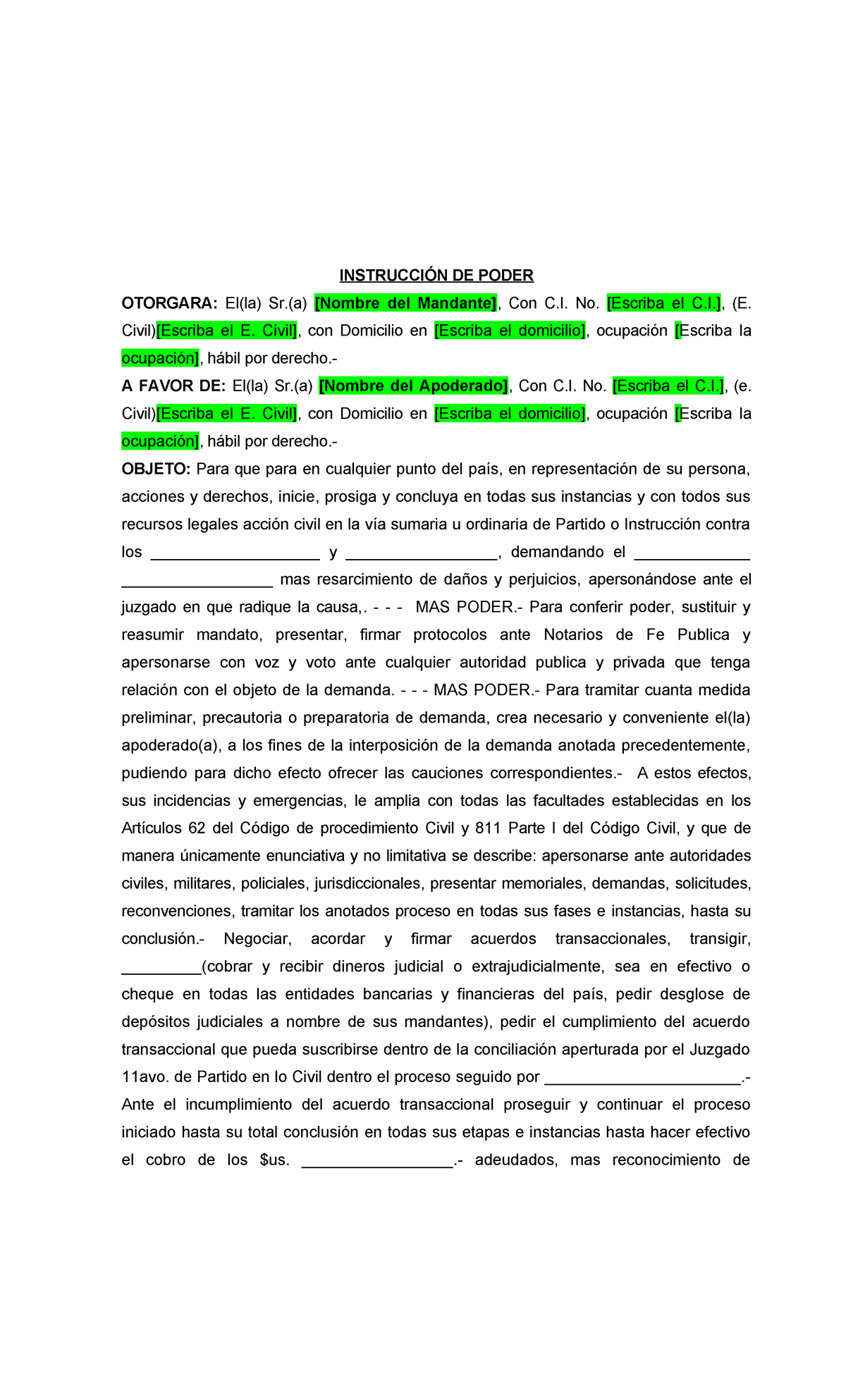 Instruc PARA Tramite DE Proceso Ordinario - INSTRUCCIÓN DE PODER ...