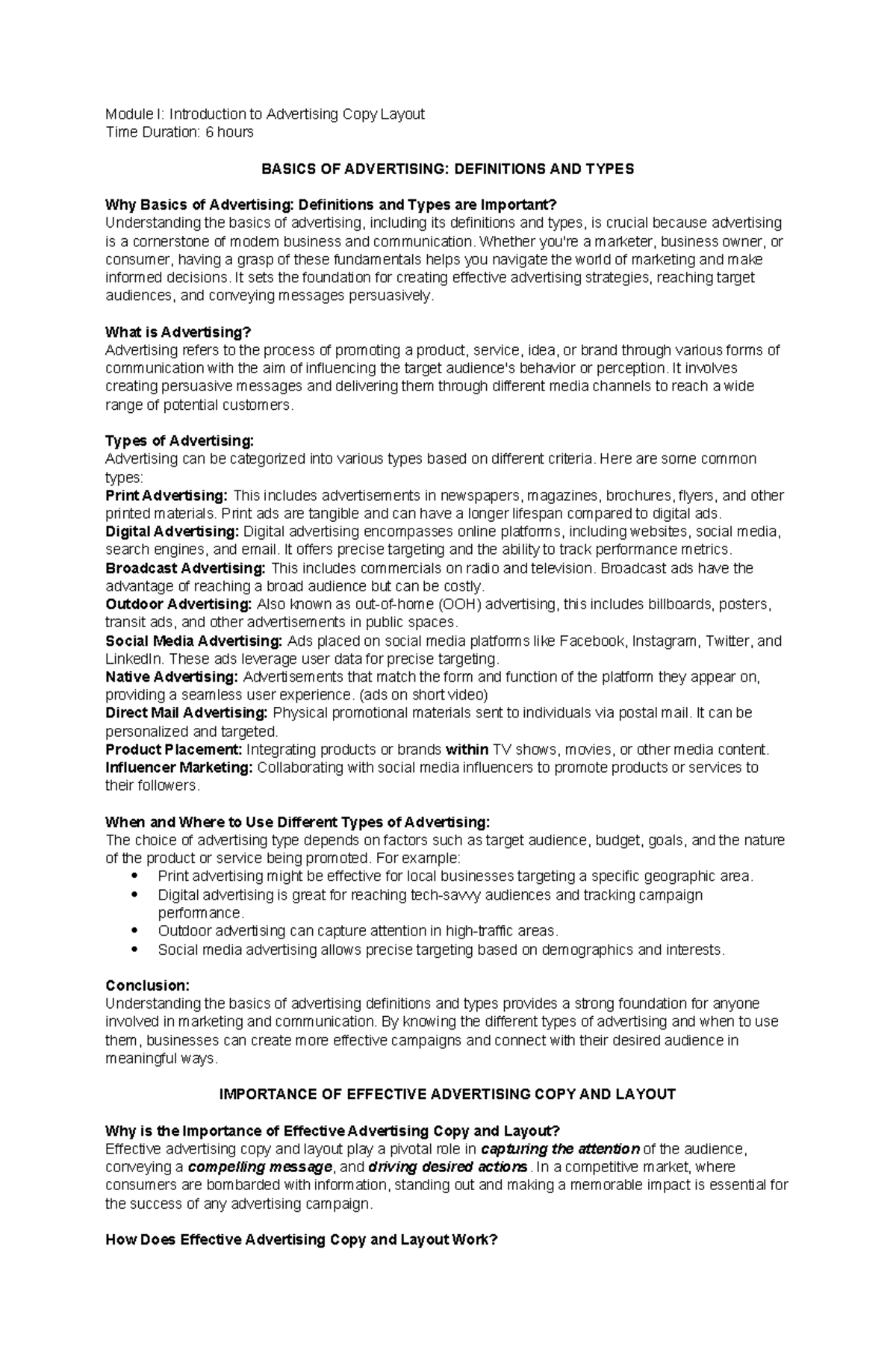 Module I Introduction to Advertising Copy Layout - Whether you're a ...