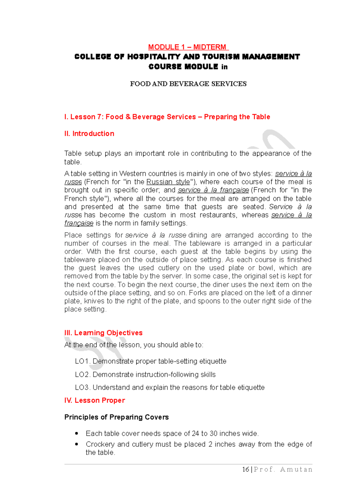 Lesson 7 Preparing the Table - MODULE 1 – MIDTERM COLLEGE OF ...