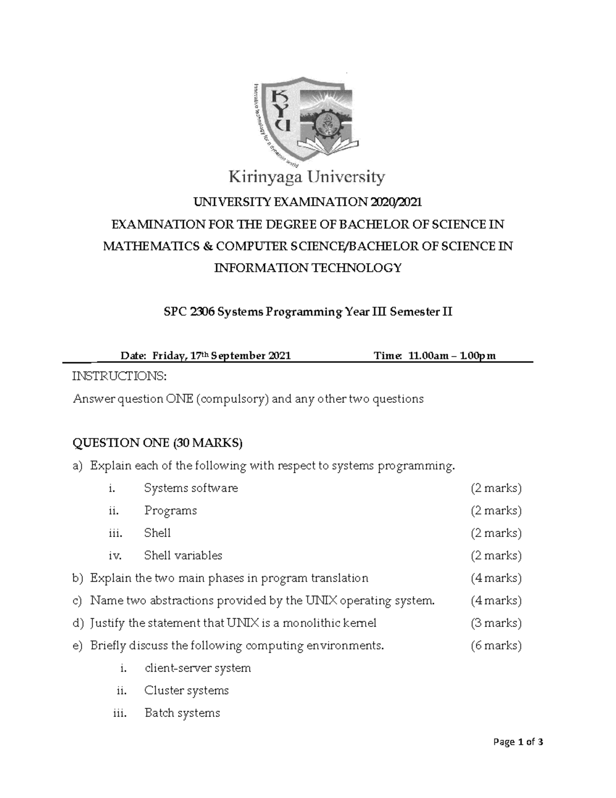 Spc 2306 Systems Programming Year Iii Semester Ii Page 1 Of 3 University Examination 2020
