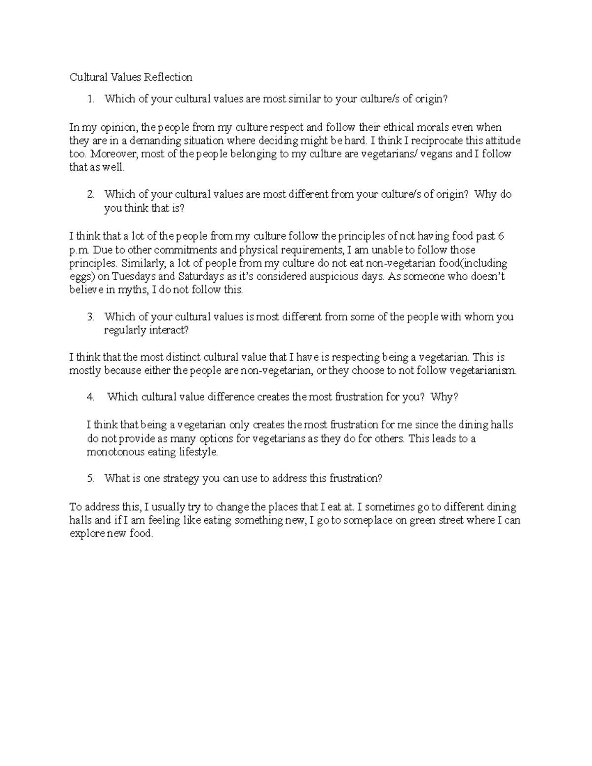 Cultural Values Homework Reflection - Cultural Values Reflection Which ...