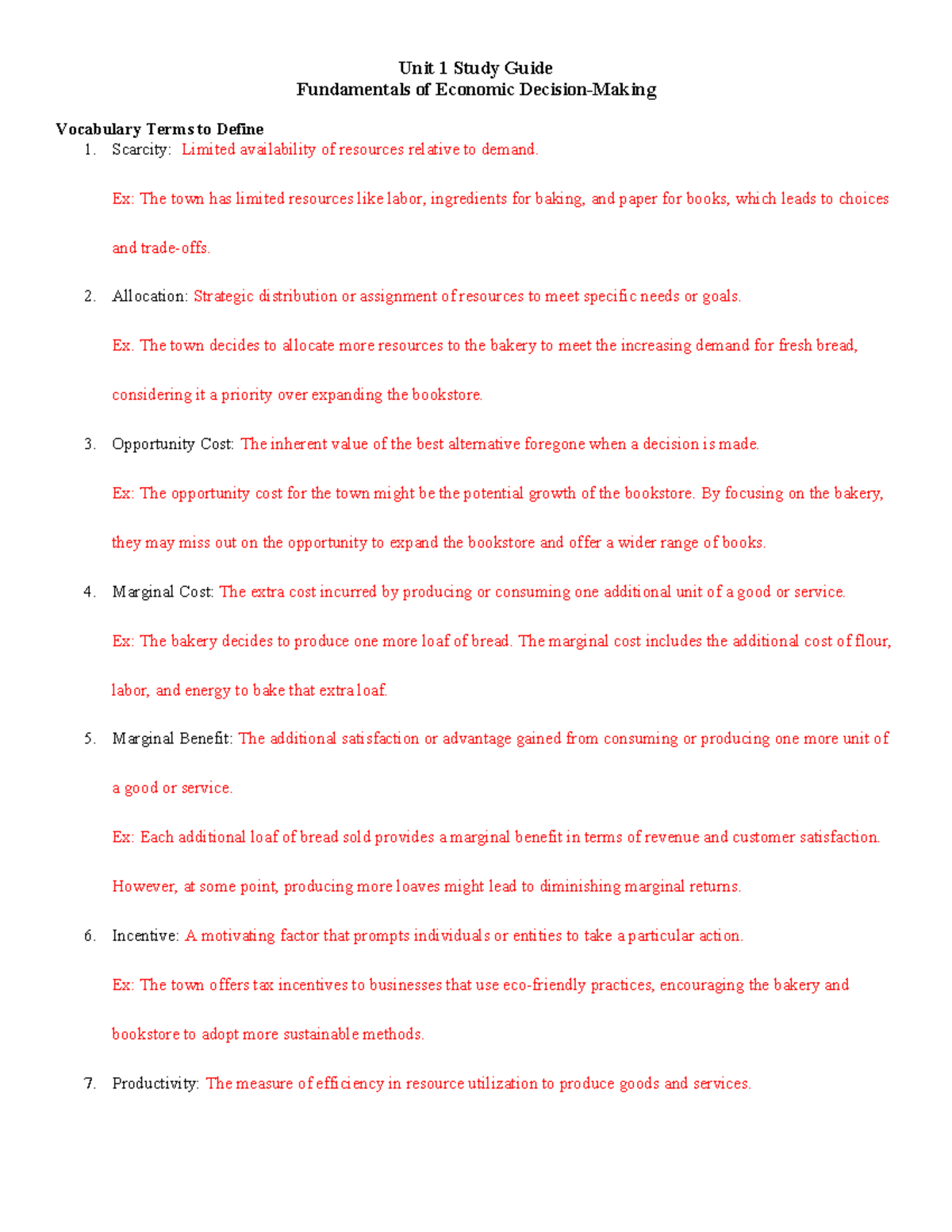 Unit 1 Study Guide - Econ - Unit 1 Study Guide Fundamentals of Economic ...