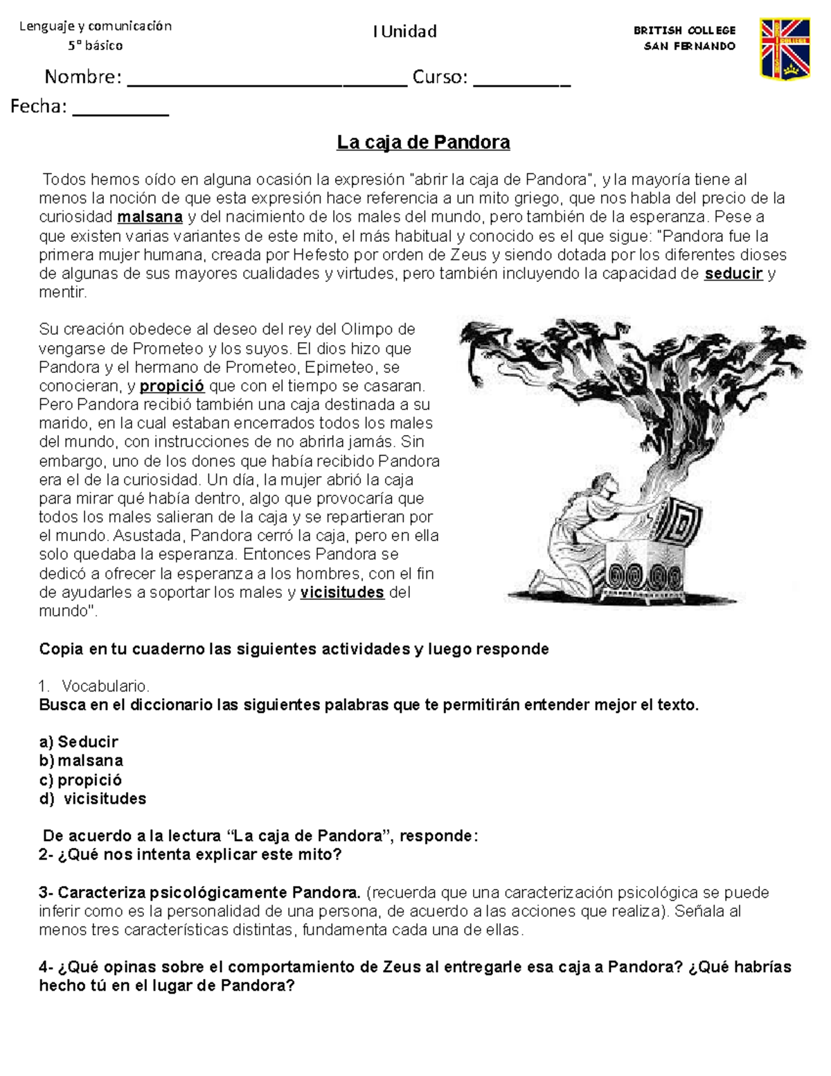 Guía lenguaje la caja de Pandora mito - I Unidad Nombre ...