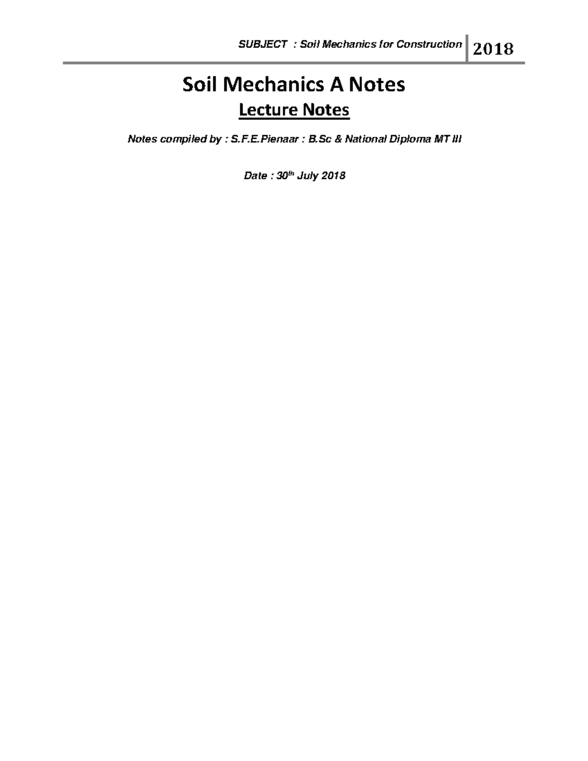 Soil Mechanics A Notes - 2018 Soil Mechanics A Notes Lecture Notes ...