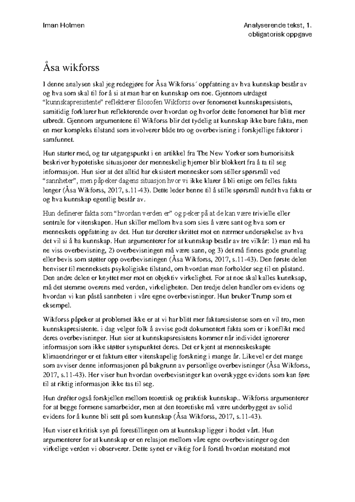 Exphil oblig - bra notater oppgave - Iman Holmen Analyserende tekst, 1. obligatorisk oppgave Åsa ...