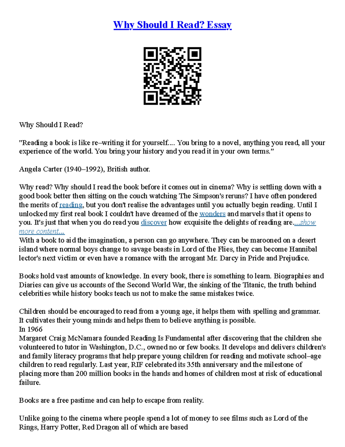 A Book Essay A Book Essay - Why Should I Read? Essay Why Should I Read ...