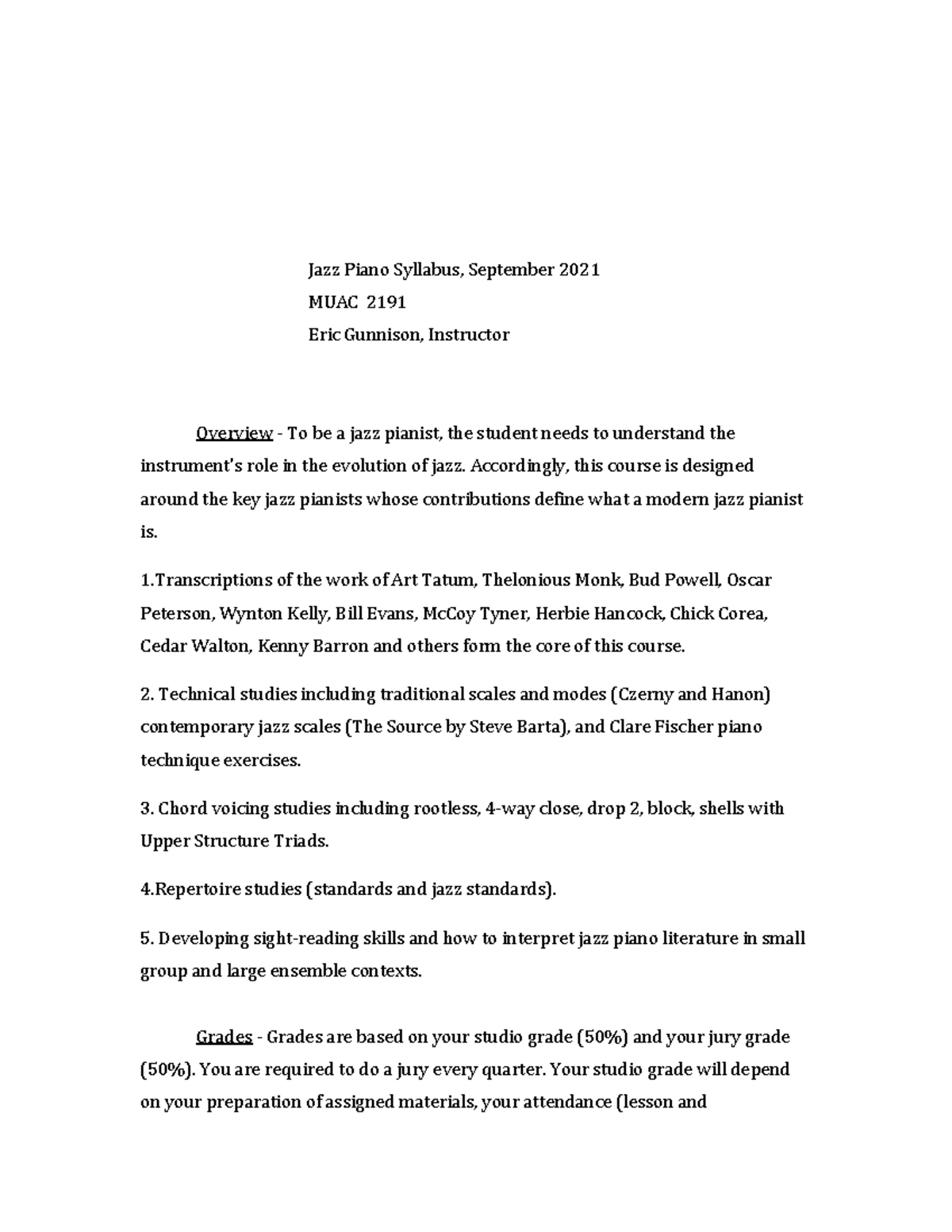 Jazz Piano Syllabus - Professor Gunnison - Jazz Piano Syllabus ...