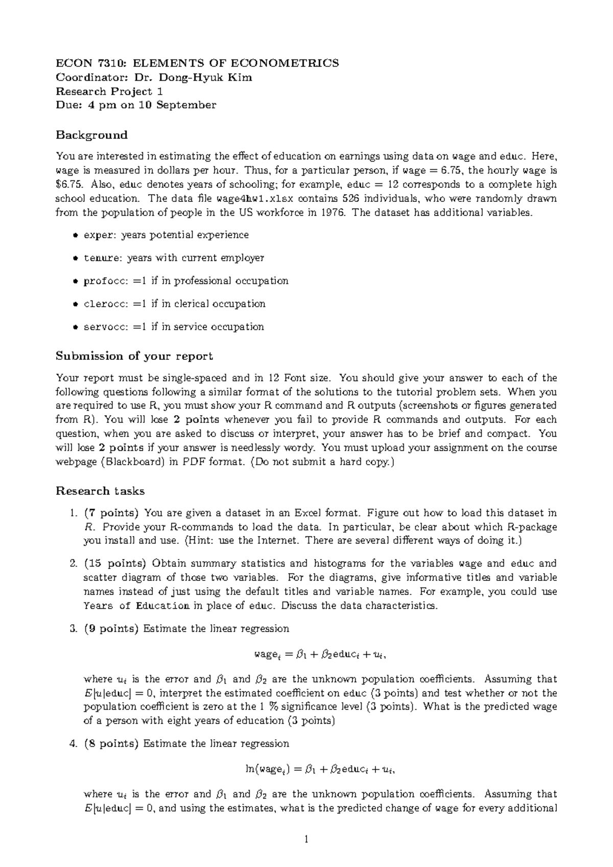 Project 1 - 21sadasd - ECON 7310: ELEMENTS OF ECONOMETRICS Coordinator ...
