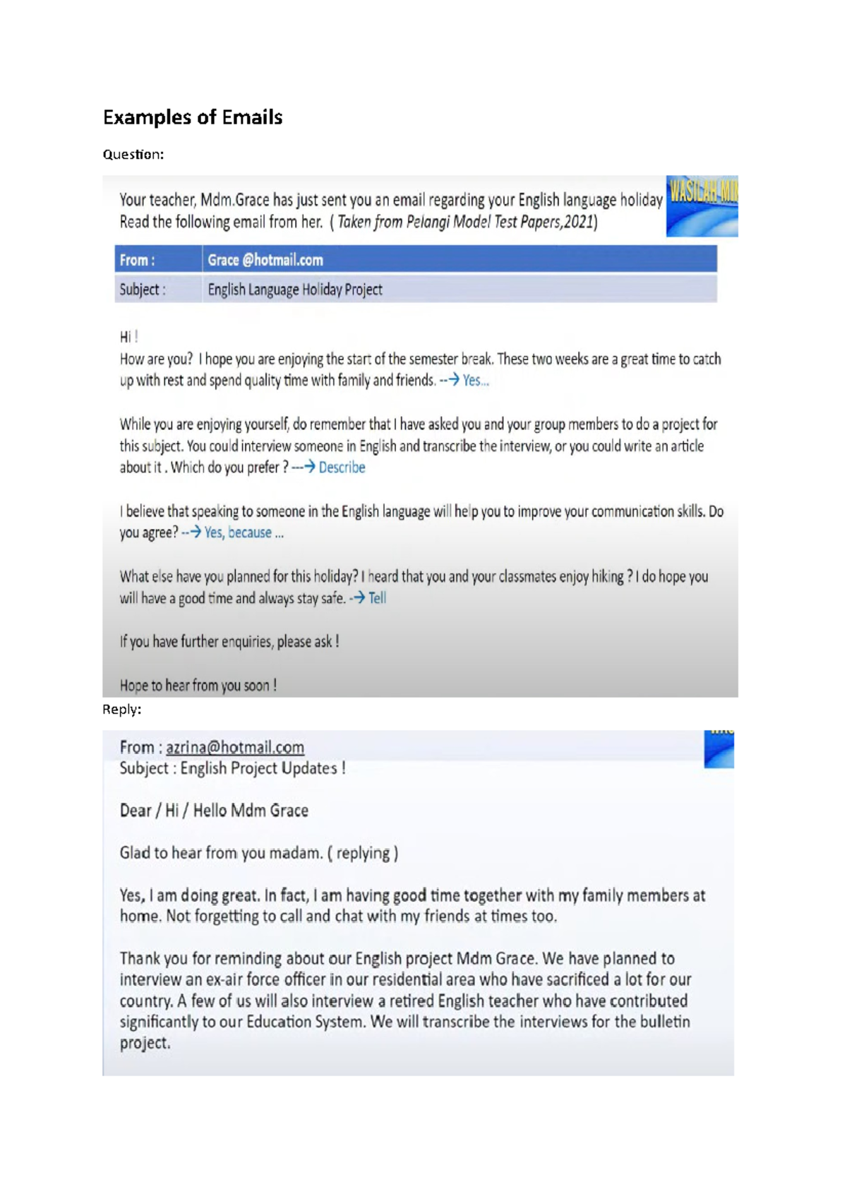 Examples of Emails - Lecture notes 1,3 - englsih - UiTM - Studocu