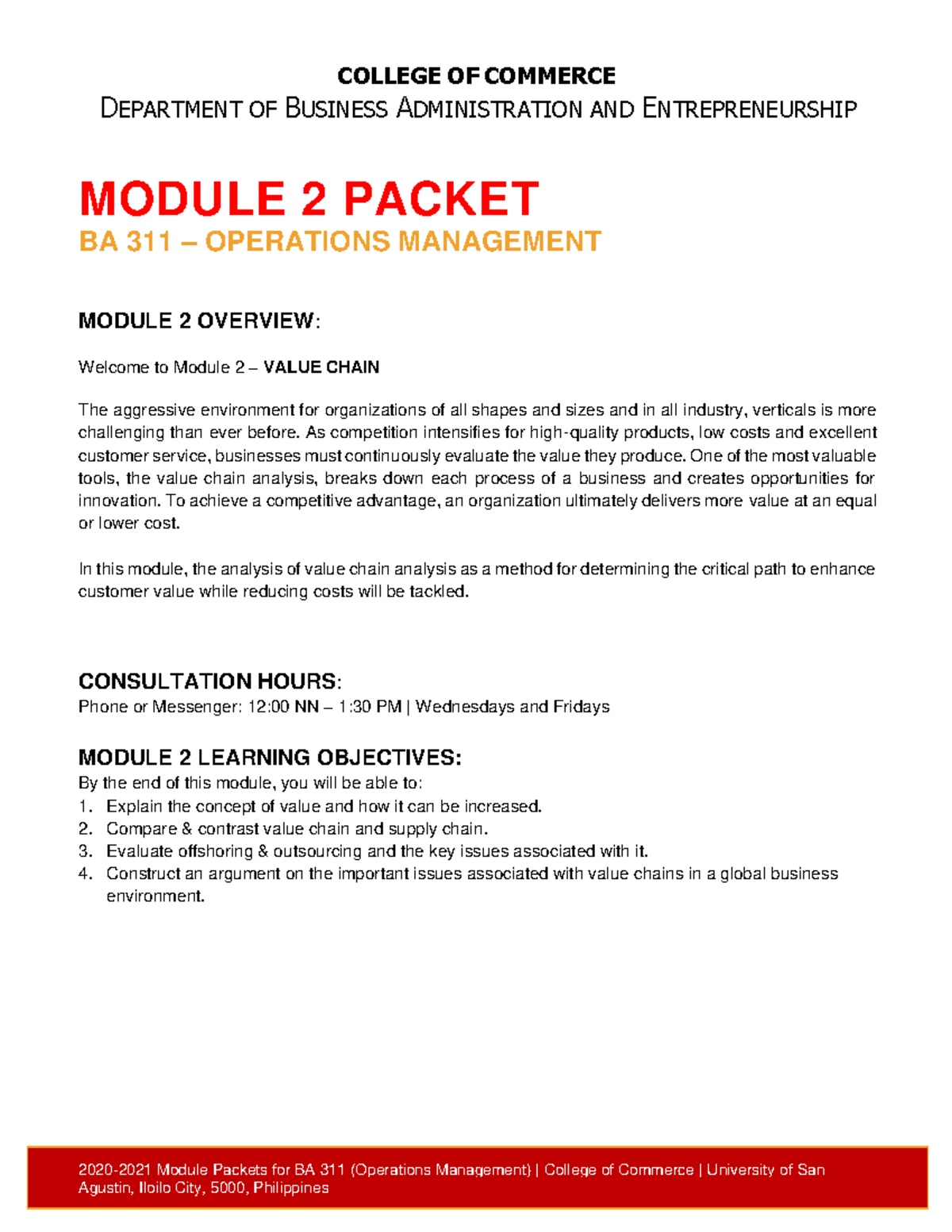 BA311 - Module 2 ( Value Chain) - DEPARTMENT OF BUSINESS ADMINISTRATION ...