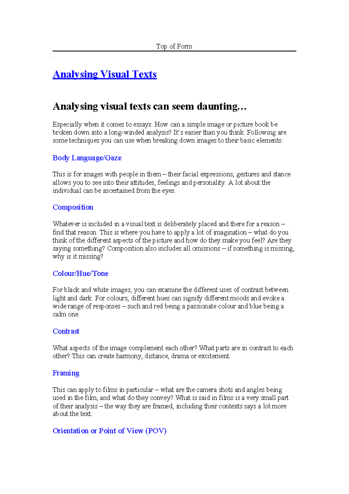 Analysing Visual Texts - Top of Form . Analysing Visual Texts Analysing ...