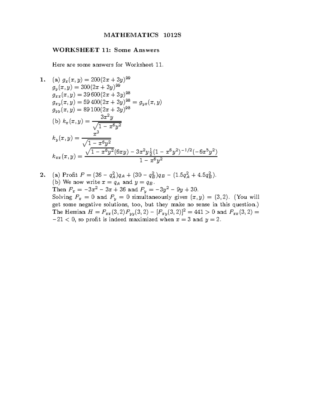 Worksheet 11 and 12 - MATHEMATICS 1012S 2009 WORKSHEET 11: Some Answers ...