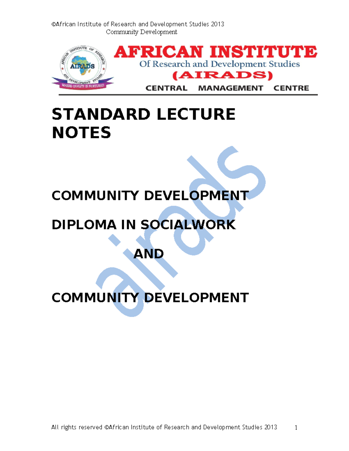 Introduction TO Community Development - Community Development STANDARD ...