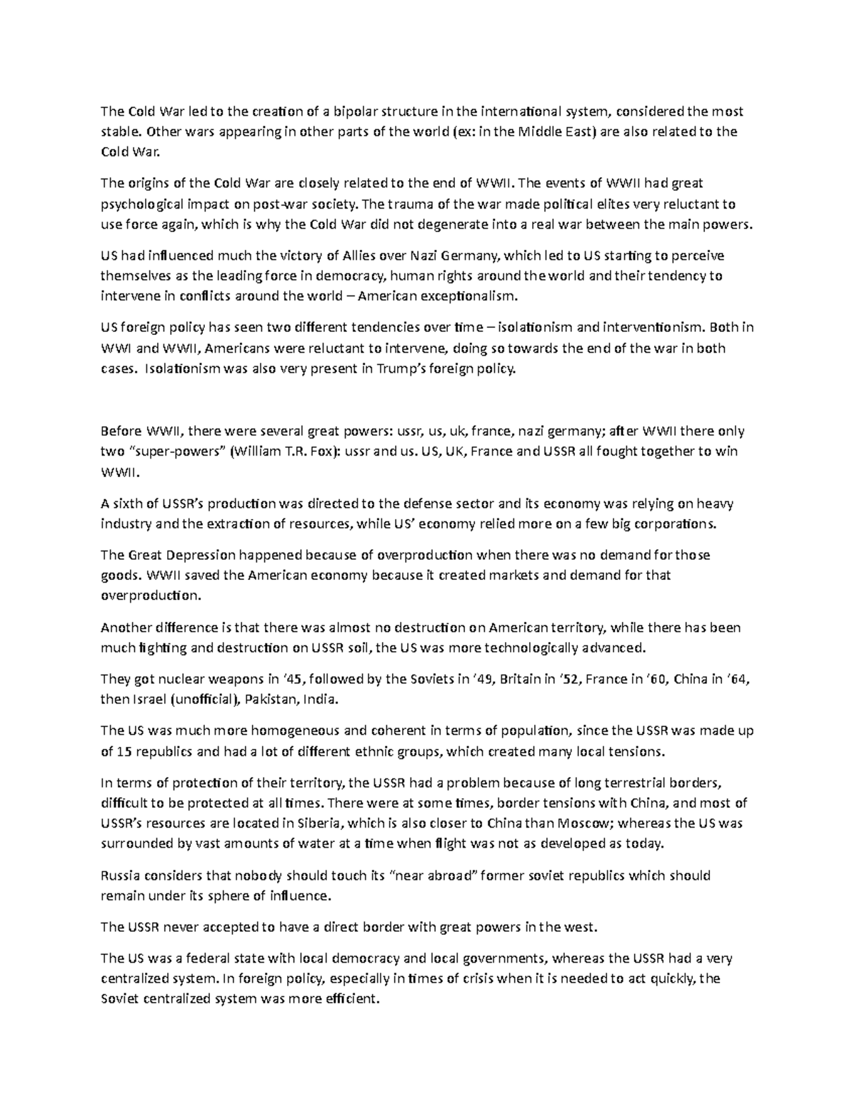 International Politics Week 2 - The Cold War led to the creation of a ...