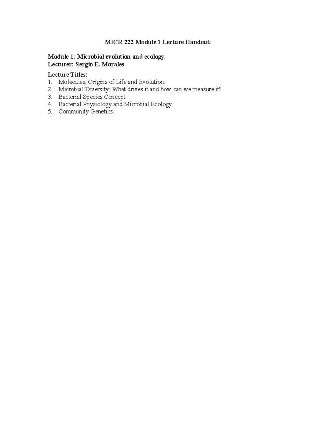 MICR 222 Module 1 Lecture Handout - MICR 222 Module 1 Lecture Handout ...