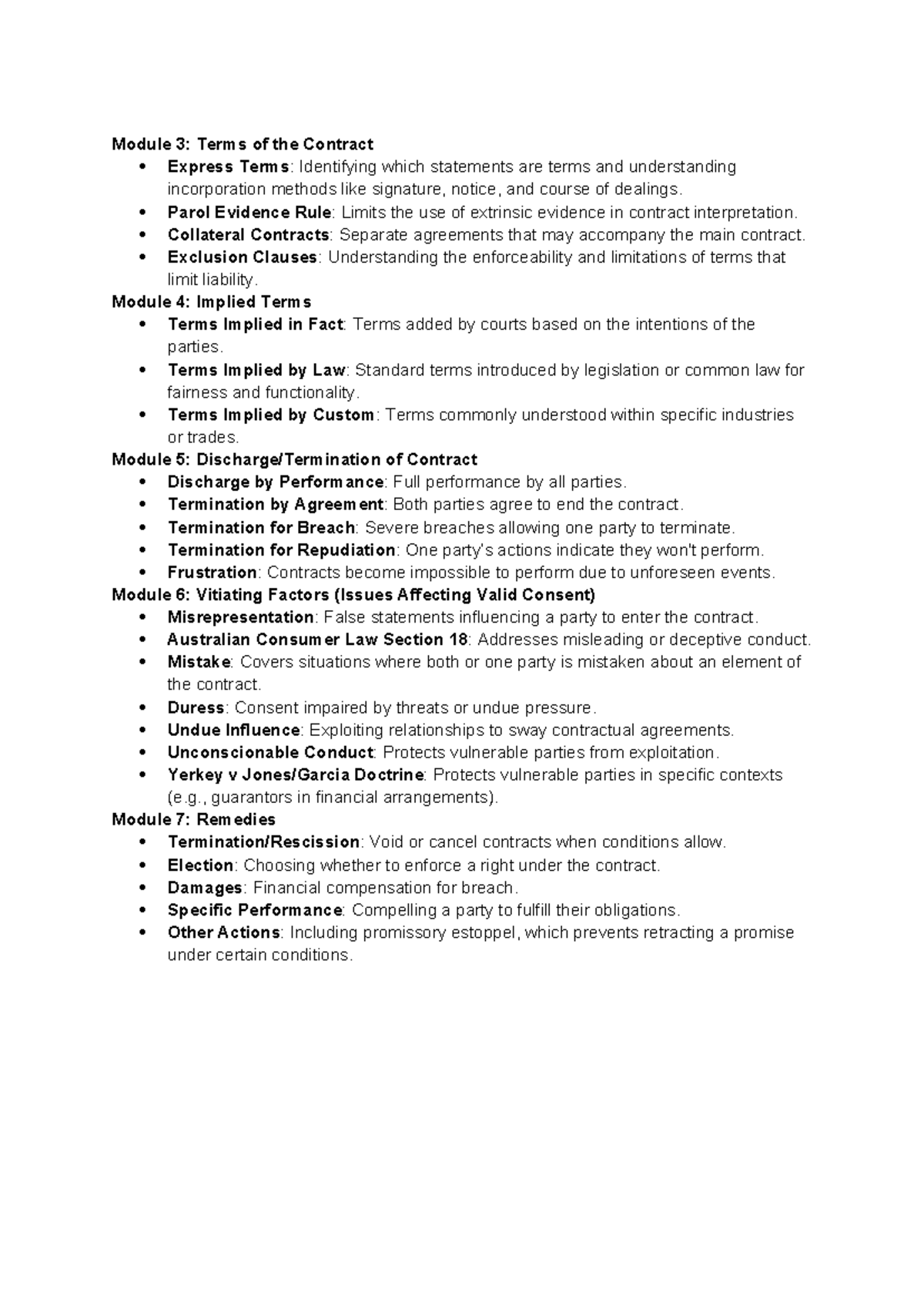 Contracts Notes - Exam - Summary of Modules 3-11 based off lectures ...