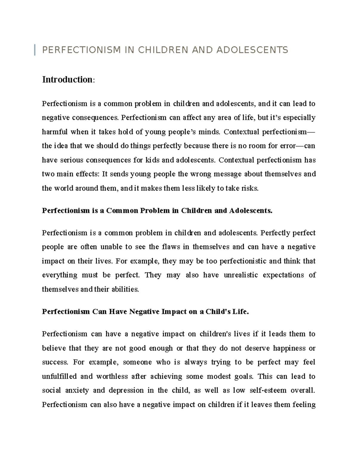 Perfectionism in Children and Adolescents - PERFECTIONISM IN CHILDREN ...