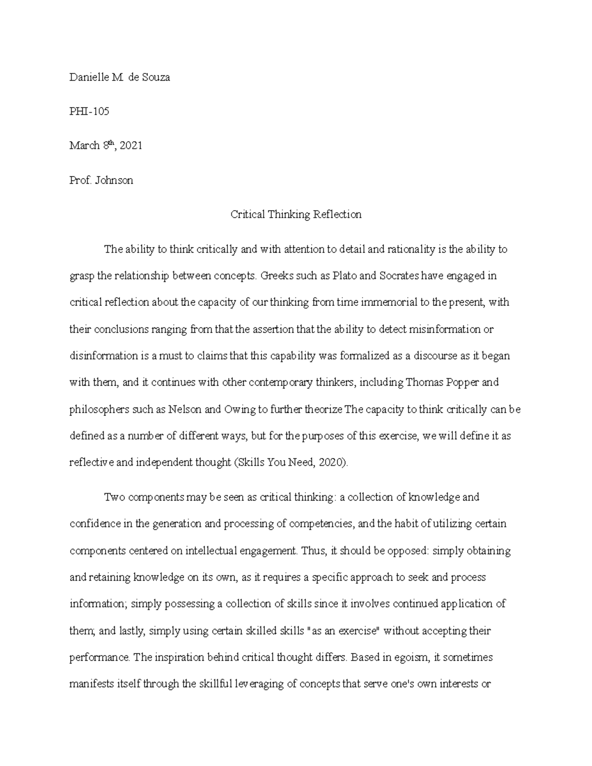 Critical Thinking Reflection - Danielle M. de Souza PHI- March 8th ...
